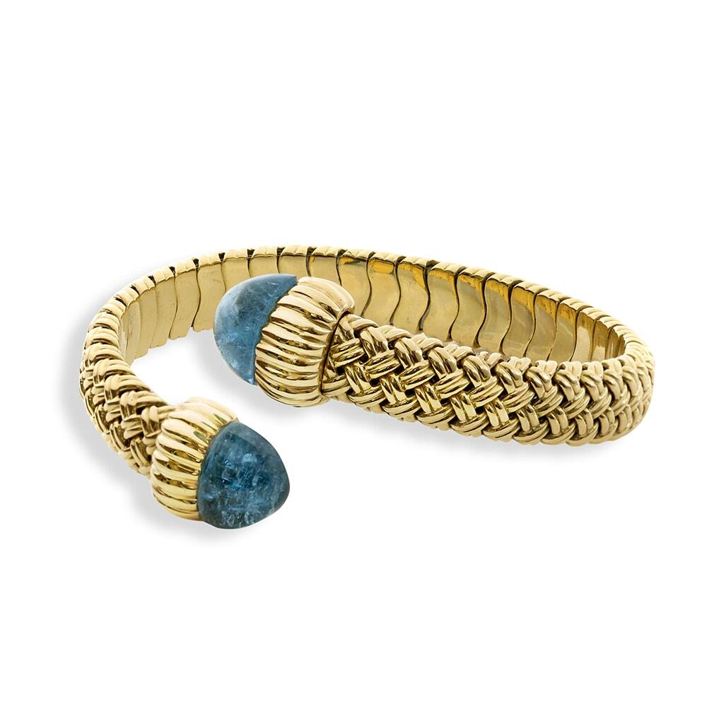 18k Yellow Gold Aquamarine Basketweave Bangle